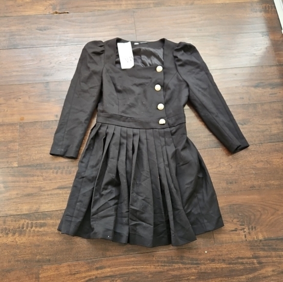 Zara | Dresses | Zara Black Dress With Long Puff Sleeves And Square ...